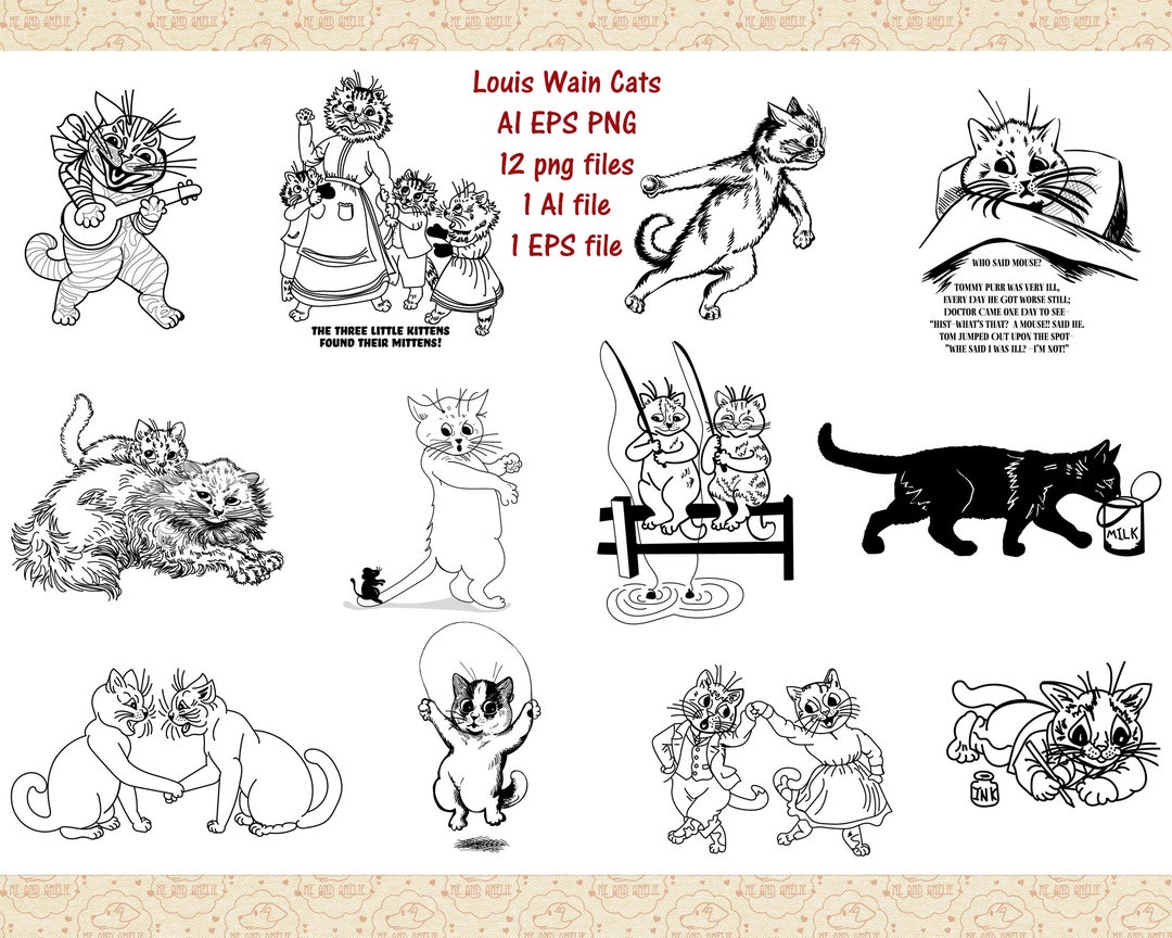 Vintage Louis Wain Cats Vector AI EPS (not Svg) and PNG Clipart ...