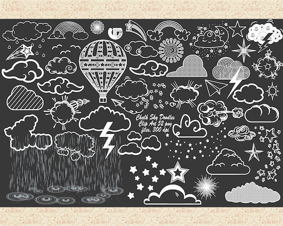 Chalk Sky Doodles Clipart Chalkboard Clipart Sky Elements | Etsy