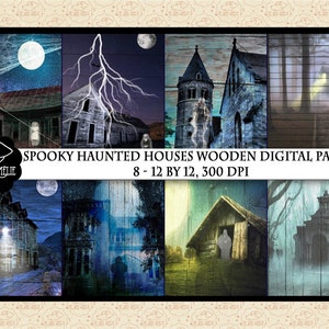 Spooky Halloween Scenery Wood Digital Papers, Haunted House Backgrounds ...
