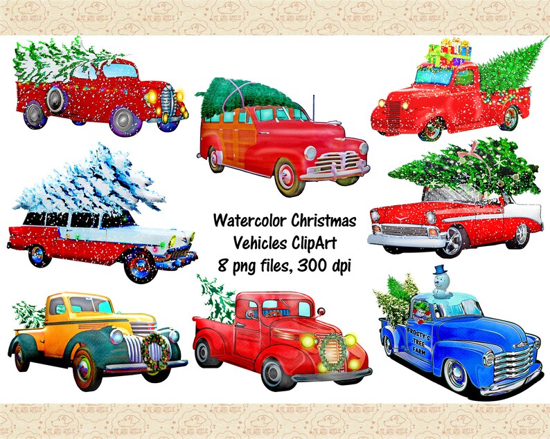 Watercolor Christmas Vehicles Clip Art, Retro Truck, Car, PNG (digital ...