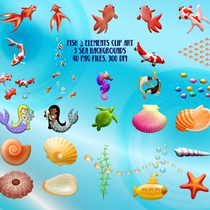 Fish & Sea Life Clipart, PLUS 3 Underwater Digital Papers, Koi Fish ...