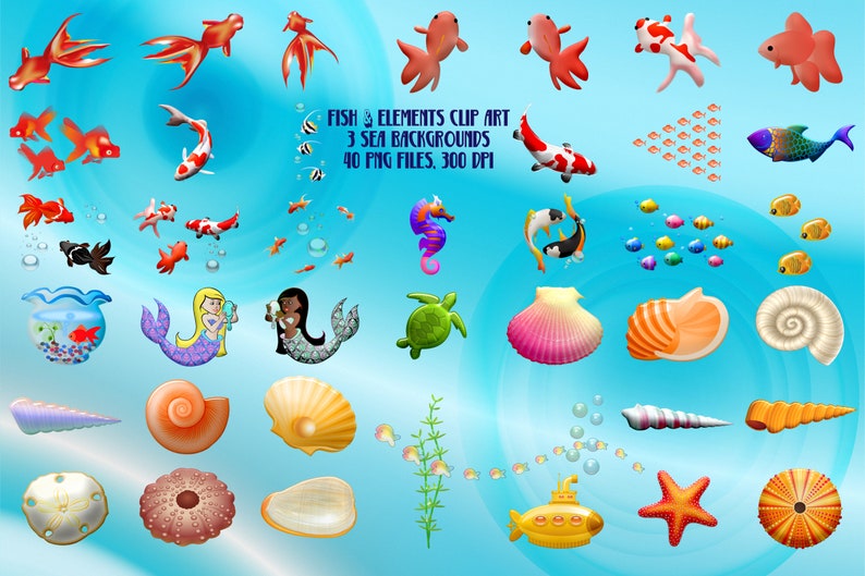 Fish & Sea Life Clipart, PLUS 3 Underwater Digital Papers, Koi Fish ...