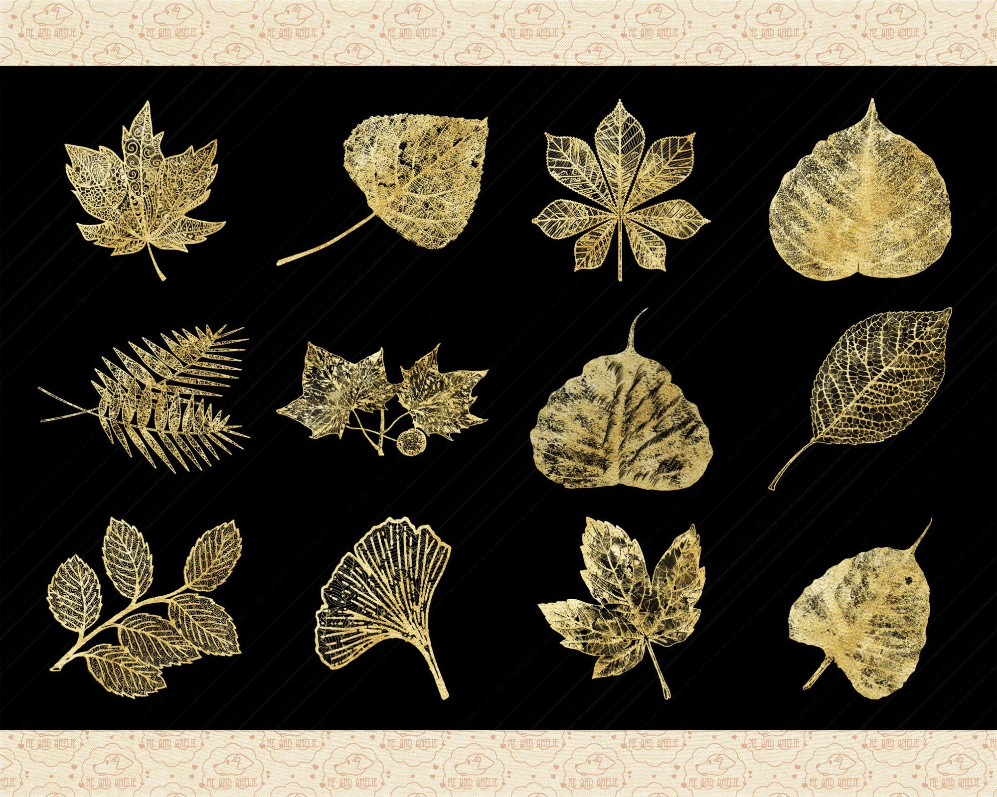 Gold Foil Skeleton Leaf Clip Art, Autumn Leaves (PNG) - Etsy