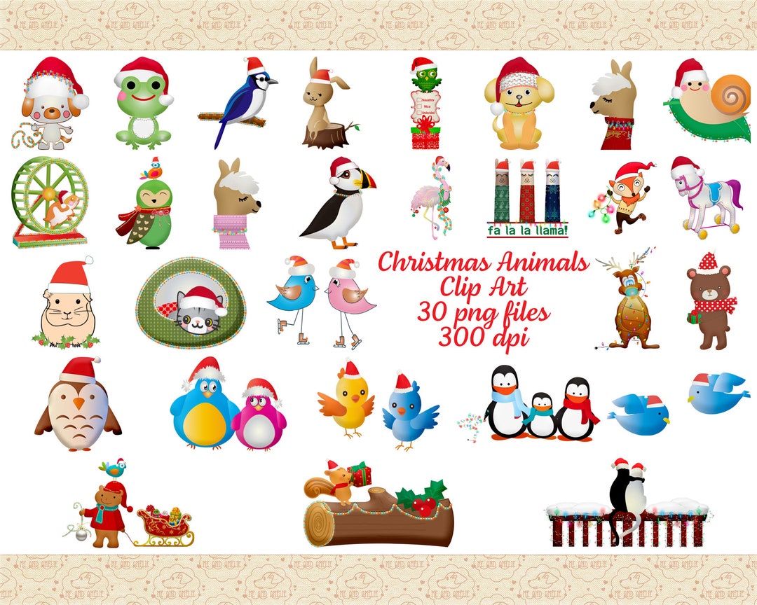 Christmas Animals Clipart, Animals W/santa Hat, Christmas Lights, Bird ...