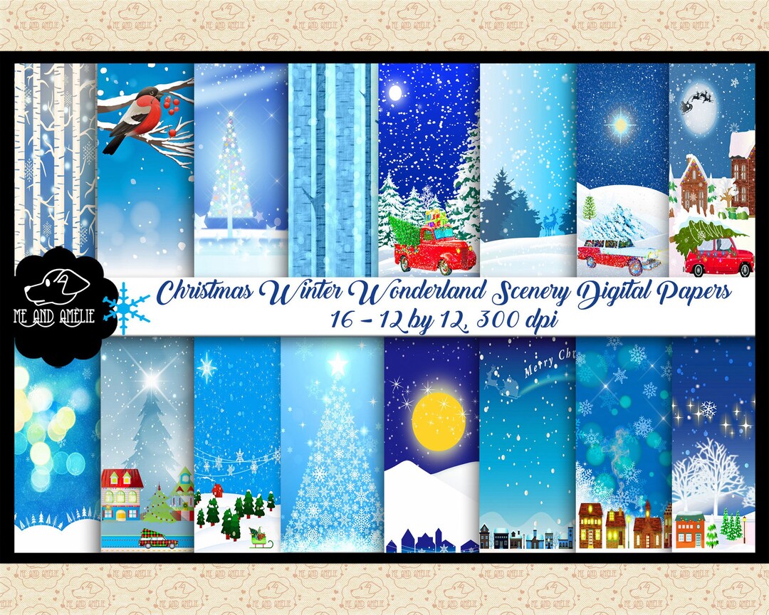 Christmas Winter Wonderland Scenery Digital Papers, Christmas Card DIY ...