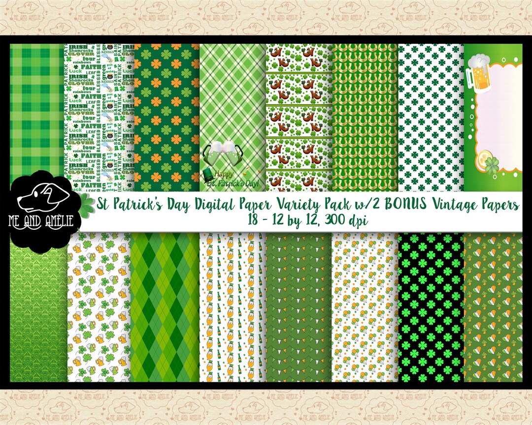 St Patrick's Day Variety Digital Papers PLUS 2 Bonus Vintage Papers ...