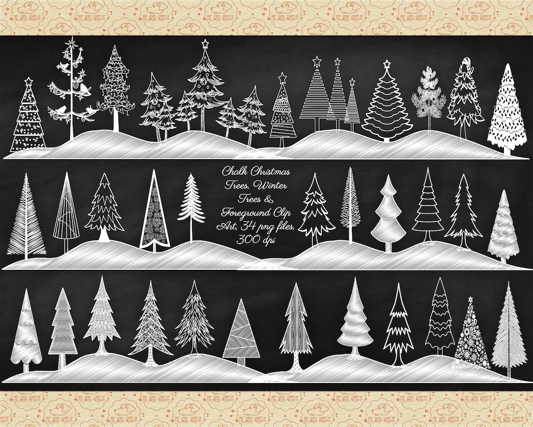 Chalk Christmas Trees & Foreground, Winter Forest, Chalkboard Woods ...