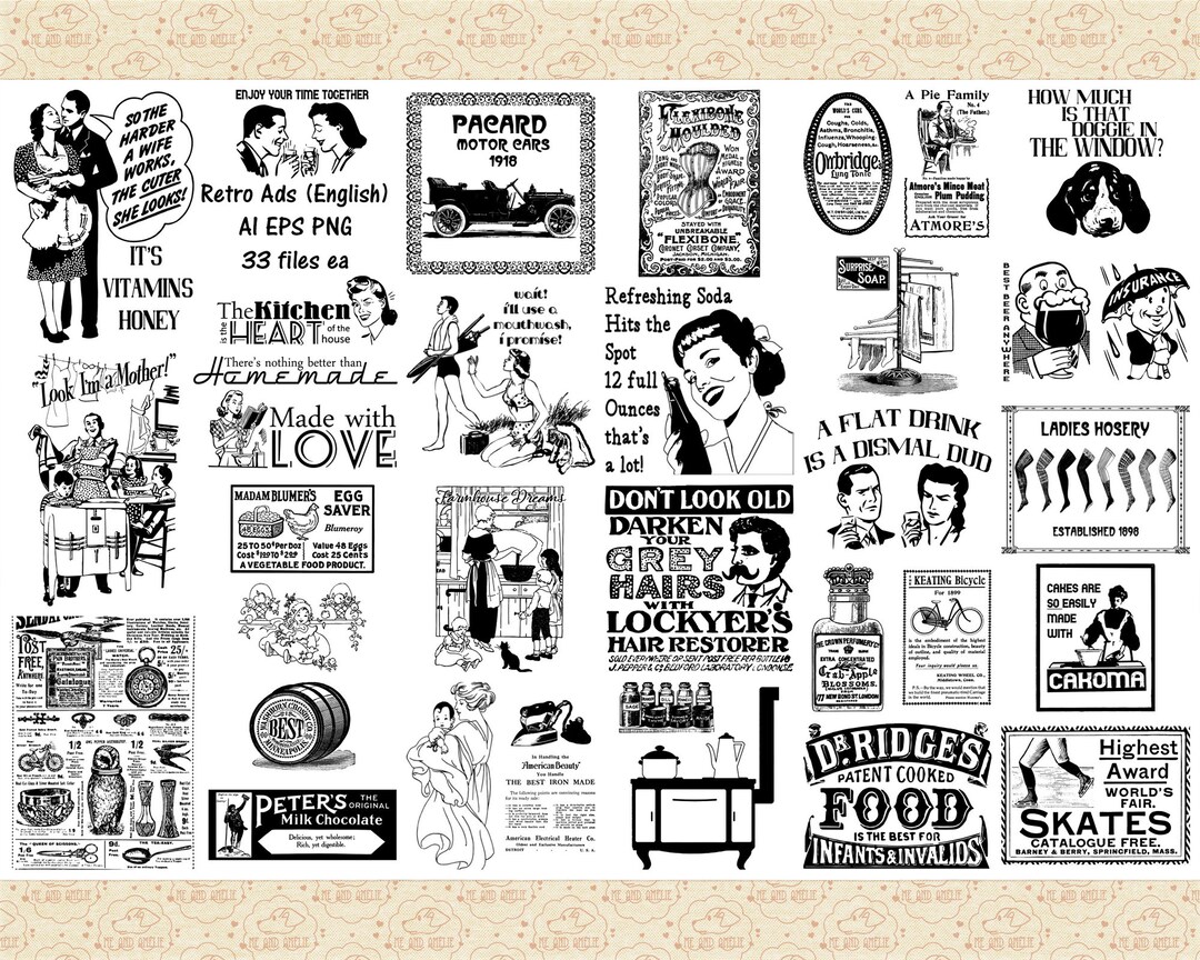 Retro Mid Century and Vintage Ads AI Vector & PNG (no SVG) Old ...