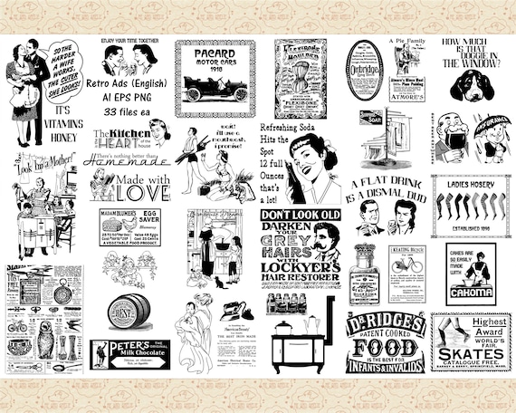 Retro Mid Century and Vintage Ads AI Vector & PNG no SVG Old | Etsy