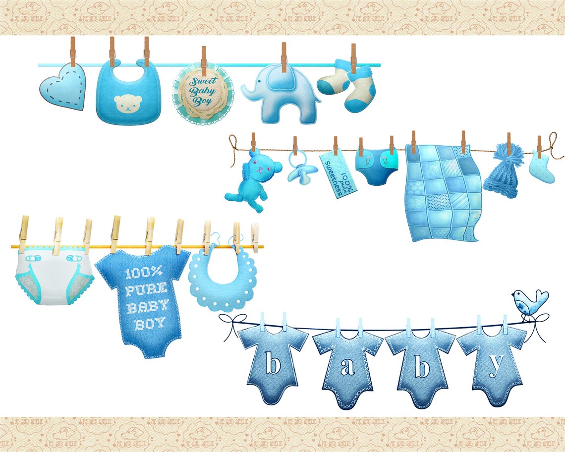 Baby Boys Clothes Line Clip Art, Clothes Hanging to Dry for Baby, Blue ...