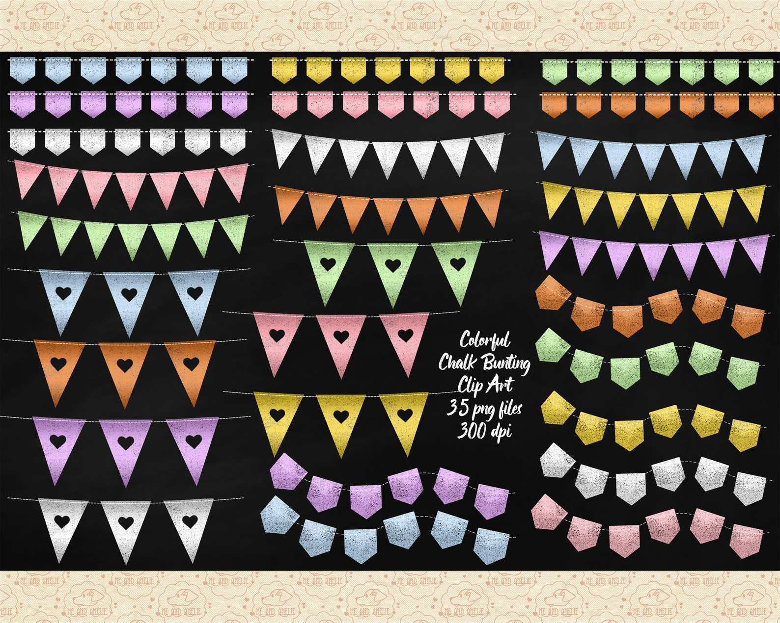 Chalkboard Bunting Clip Art, Colorful Banner Flags (35 PNG Files) - Etsy