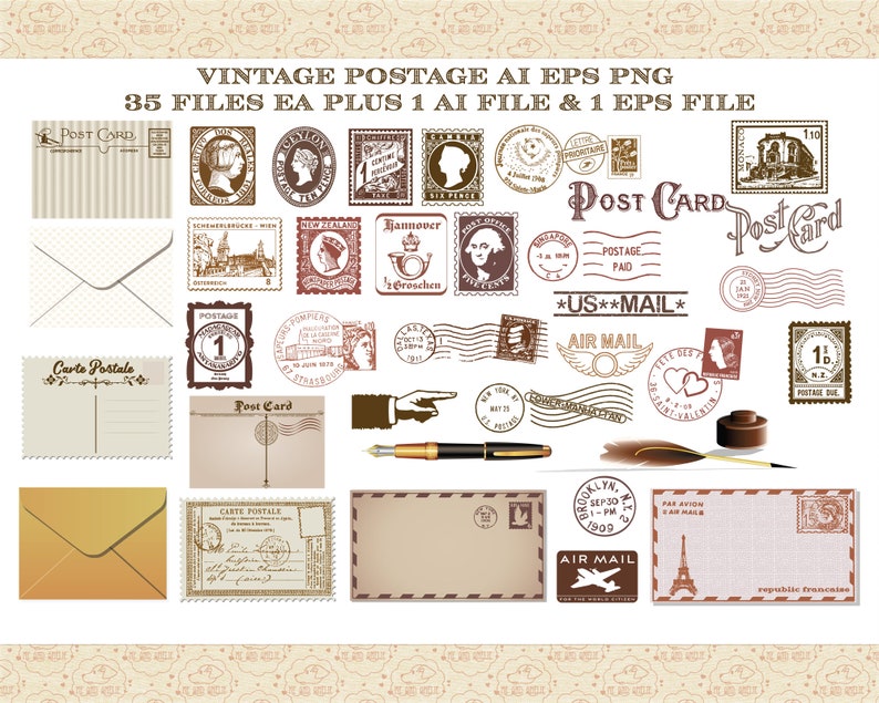 Vintage Postage AI EPS PNG no Svg Old Postage Stamps | Etsy