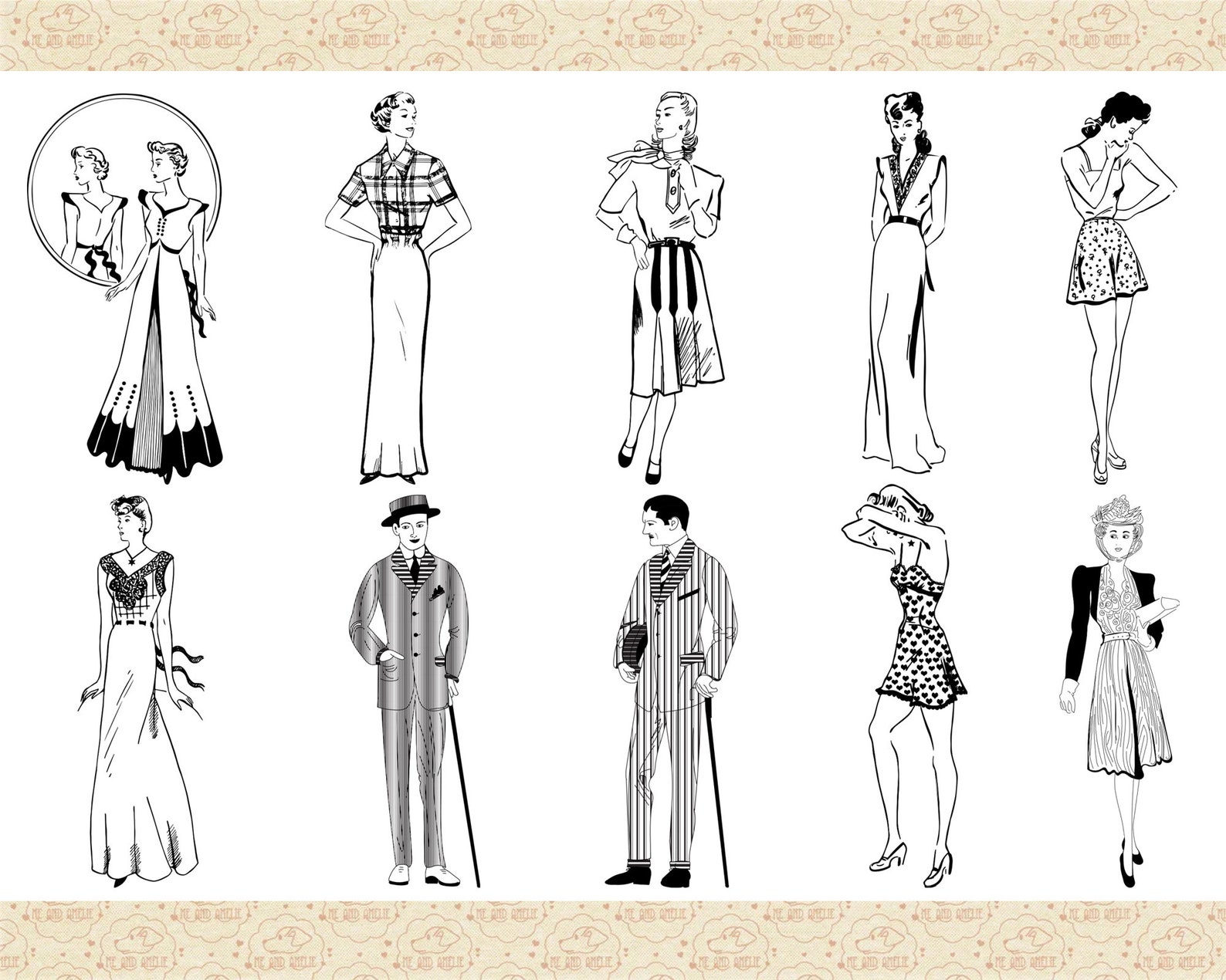 1940s Fashion Line Art Vector Graphics, AI EPS PNG (35 Files) - Etsy
