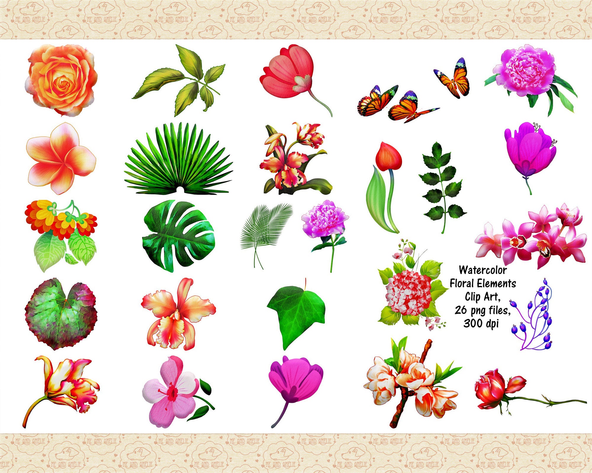 Watercolor Floral Elements Clip Art, Roses, Peonies, Leaves, Tulips ...