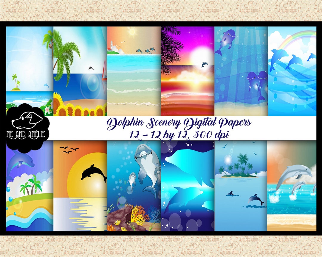 Dolphin Scenery Variety Digital Papers, Dolphins, Ocean Scenery, Sea ...