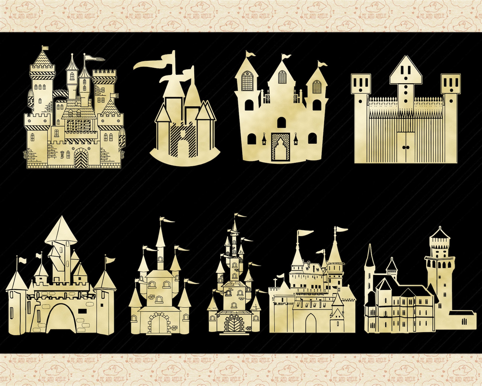 Gold Foil Castle Silhouettes Clipart Gold Castle Clipart | Etsy