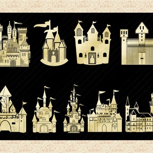 Gold Foil Castle Silhouettes Clipart, Gold Castle Clipart, Princess ...