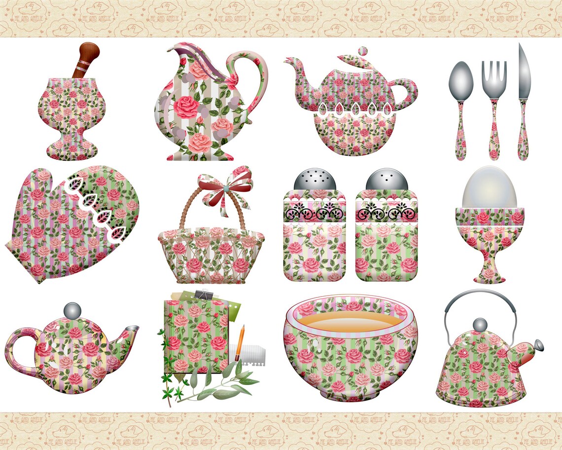 Shabby Chic Cookware Clipart Kitchen Graphics Shabby Rose - Etsy