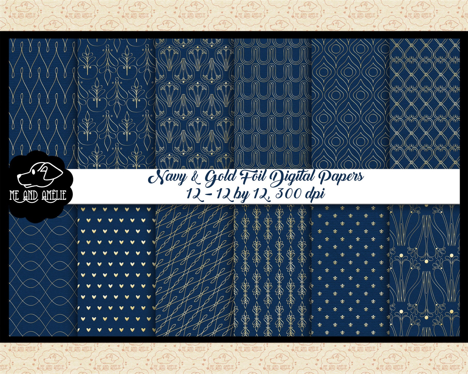 SALE 99 CENTS Navy Blue & Gold Foil Digital Papers Deep - Etsy