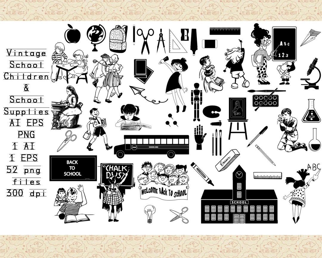 Vintage School Kids & School Supplies AI EPS (no Svg) PNG, Retro ...