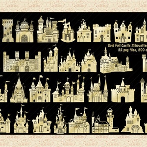 Gold Foil Castle Silhouettes Clipart, Gold Castle Clipart, Princess ...