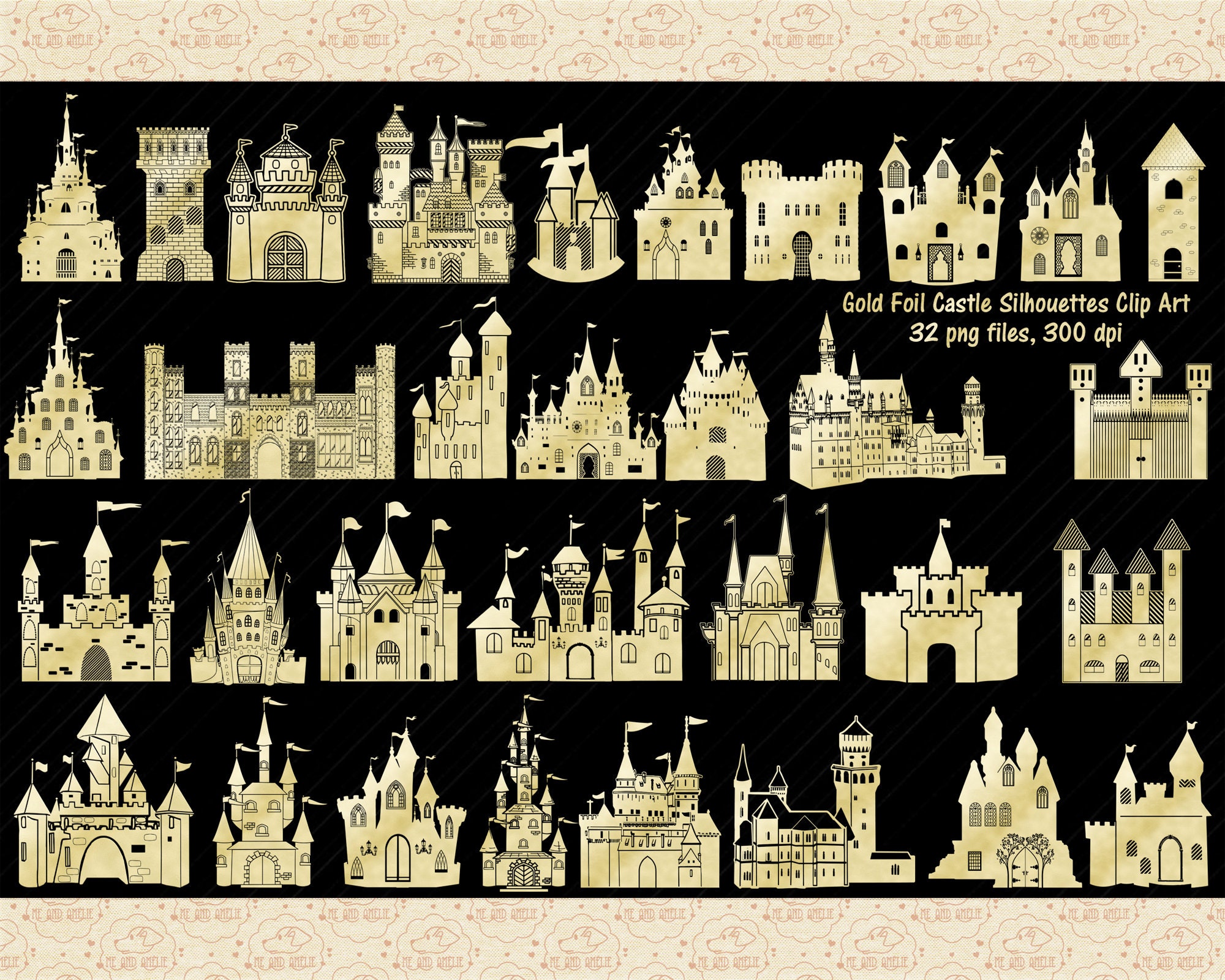 Gold Foil Castle Silhouettes Clipart, Gold Castle Clipart, Princess ...