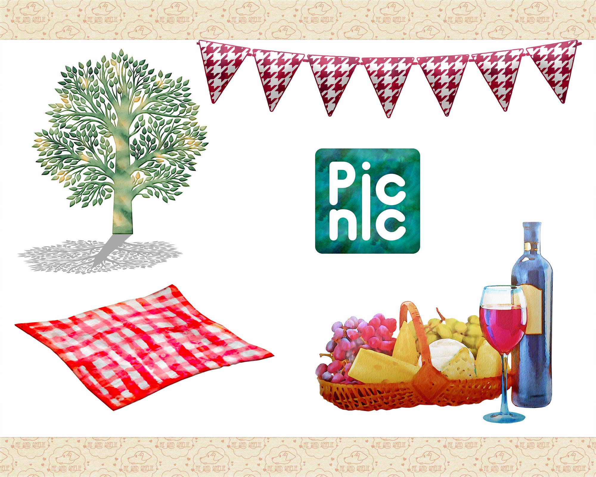 Watercolor Picnic Clip Art Watercolor Wine & Cheese - Etsy