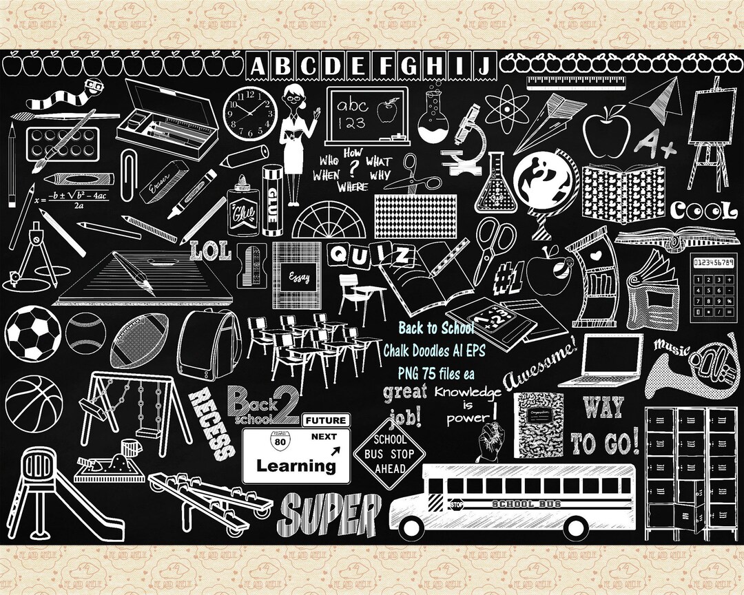 Chalk School Day Doodles Clipart, Chalkboard Clipart, Back to School ...