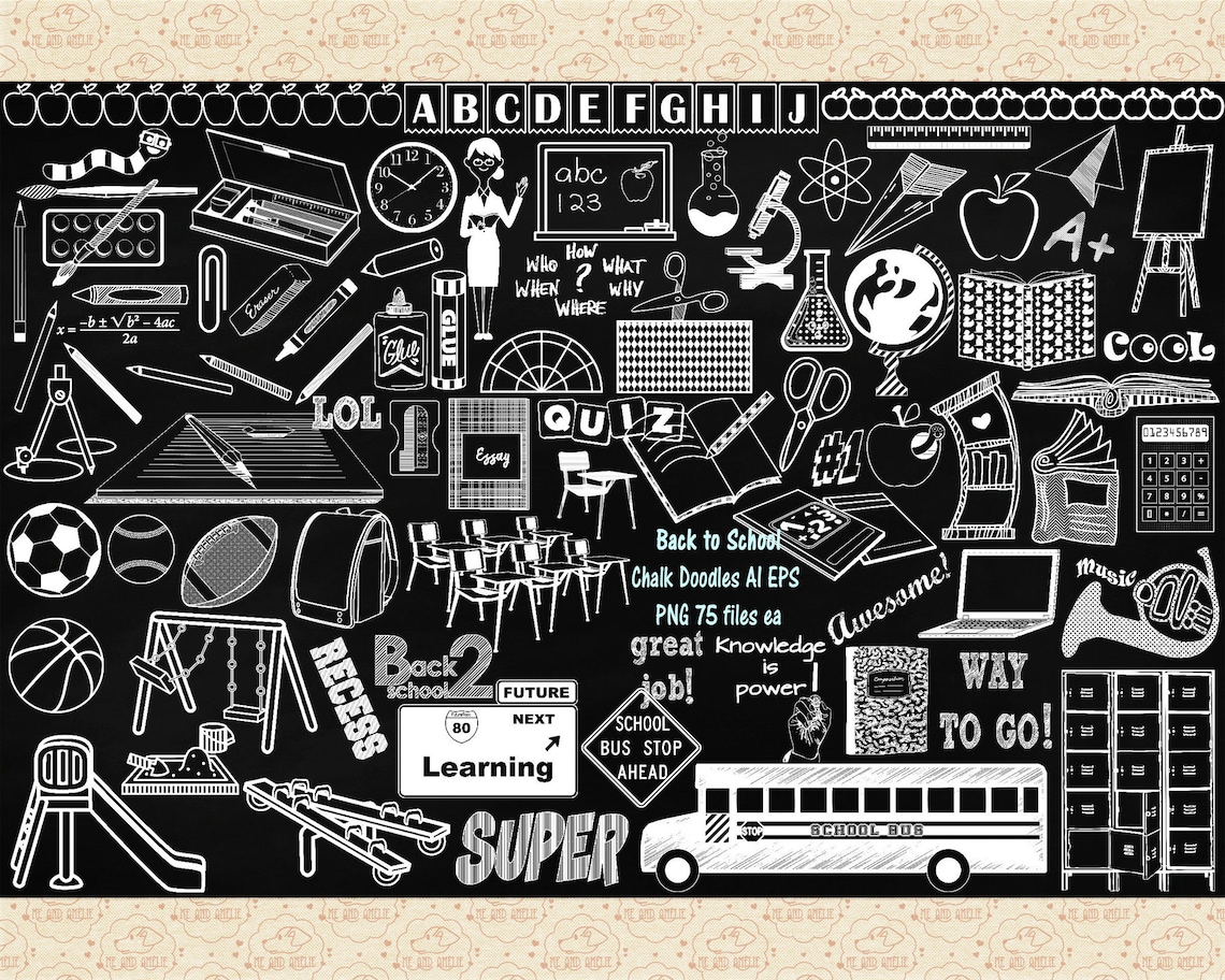 Chalk School Day Doodles Clipart Chalkboard Clipart Back to - Etsy