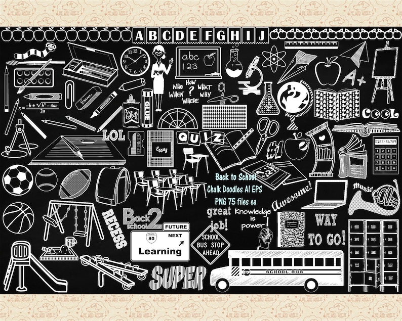 Chalk School Day Doodles Clipart Chalkboard Clipart Back to - Etsy