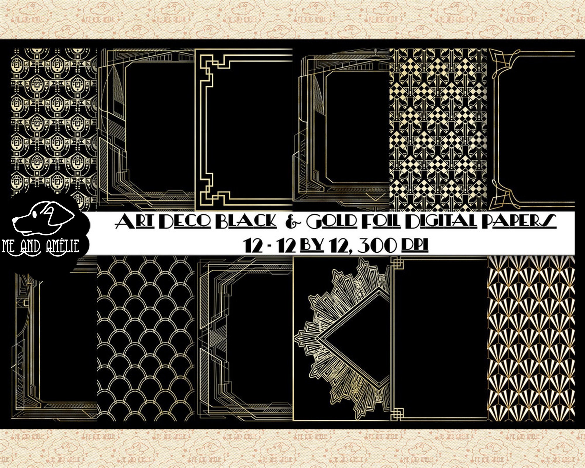 Art Deco Black and Gold Foil Digital Papers Gatsby Style, Art Nouveau ...