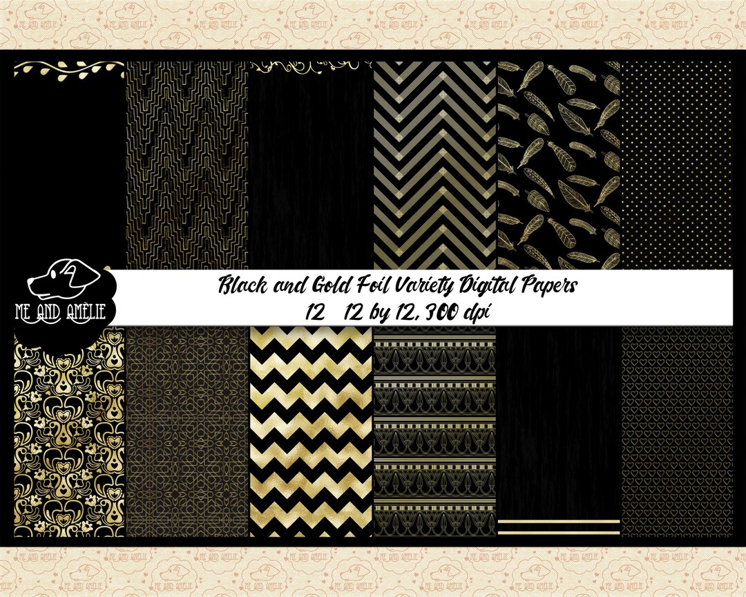 Black and Gold Foil Variety Digital Papers, Black With Gold Foil ...
