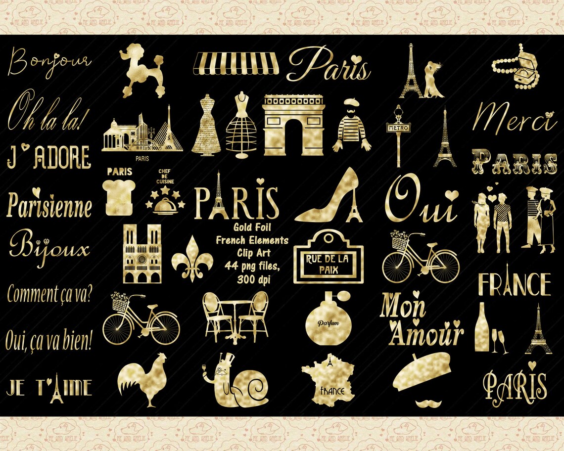 Gold Foil Paris Clipart Gold Eiffel Tower French Clipart - Etsy