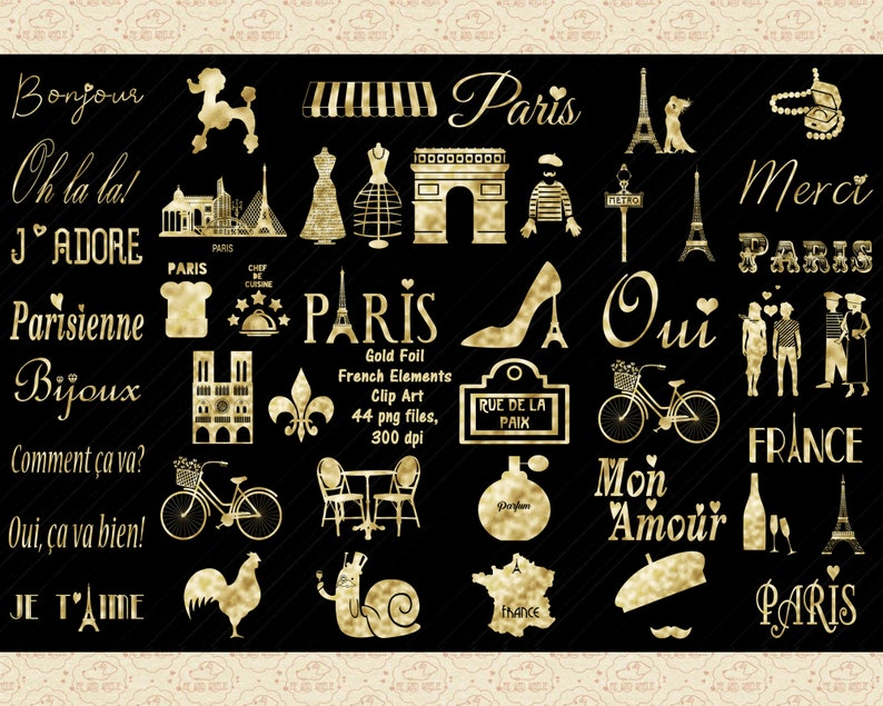 Gold Foil Paris Clipart Gold Eiffel Tower French Clipart - Etsy