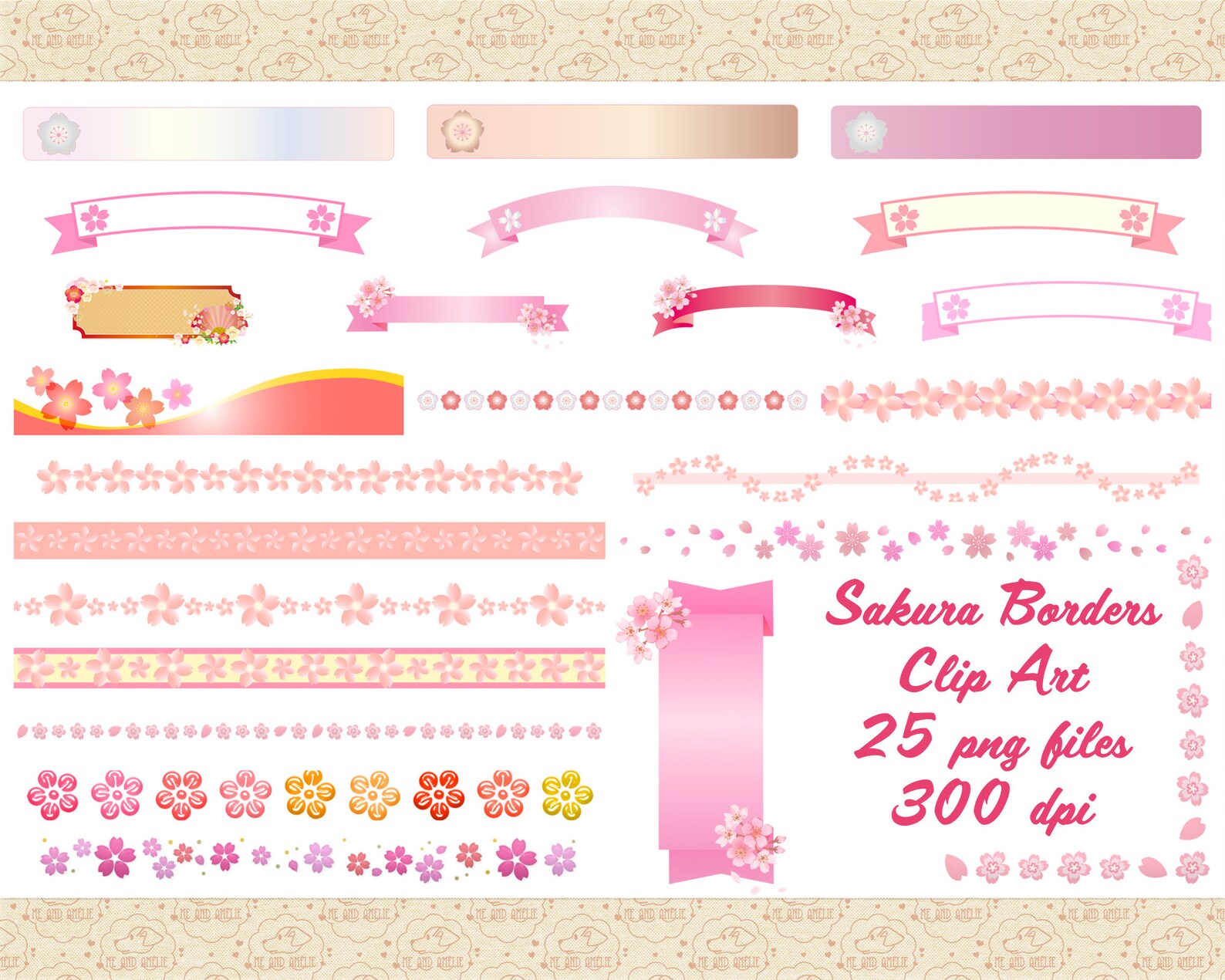 Sakura Borders Labels Banners and Corners Clip Art Japanese - Etsy