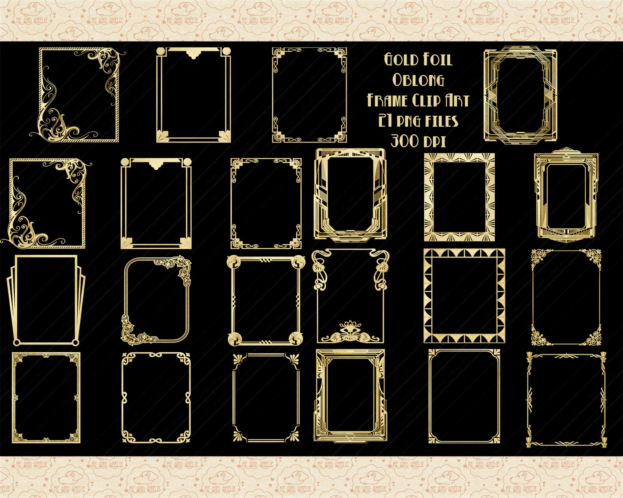 Gold Foil Gatsby Style Art Deco/Nouveau Frames Oblong Clip | Etsy