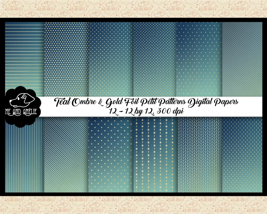 SALE 99 CENTS, Teal Ombre & Gold Foil Digital Papers, Blue Green and ...