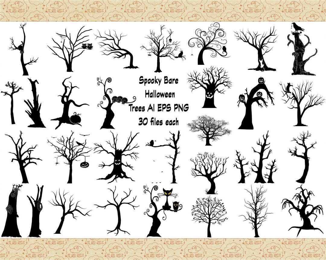 Spooky Halloween Trees Clip Art, AI EPS PNG, Gnarled Bare Tree Graphics ...
