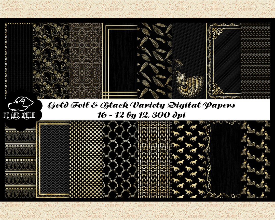 SALE 99 CENTS Black and Gold Foil Variety Digital Papers, Black Paper ...