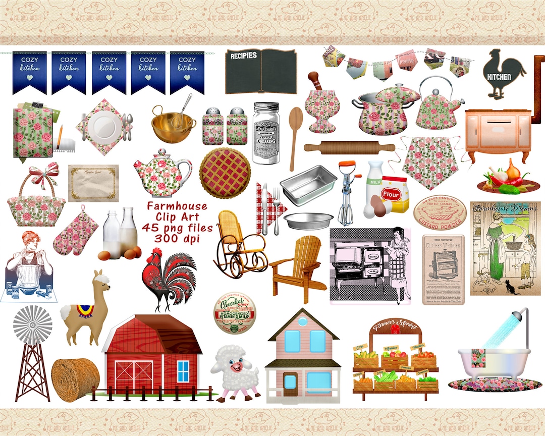 Farmhouse Clip Art, Farmhouse Kitchen Graphics, Wood Stove, Barn ...