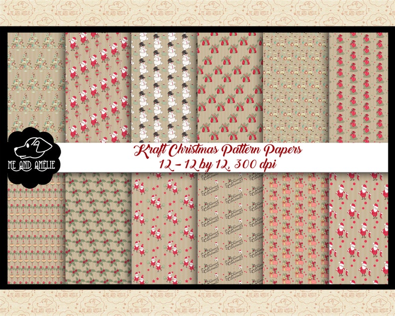 Retro Christmas Kraft Digital Paper Set, Rustic Holiday Patterns ...