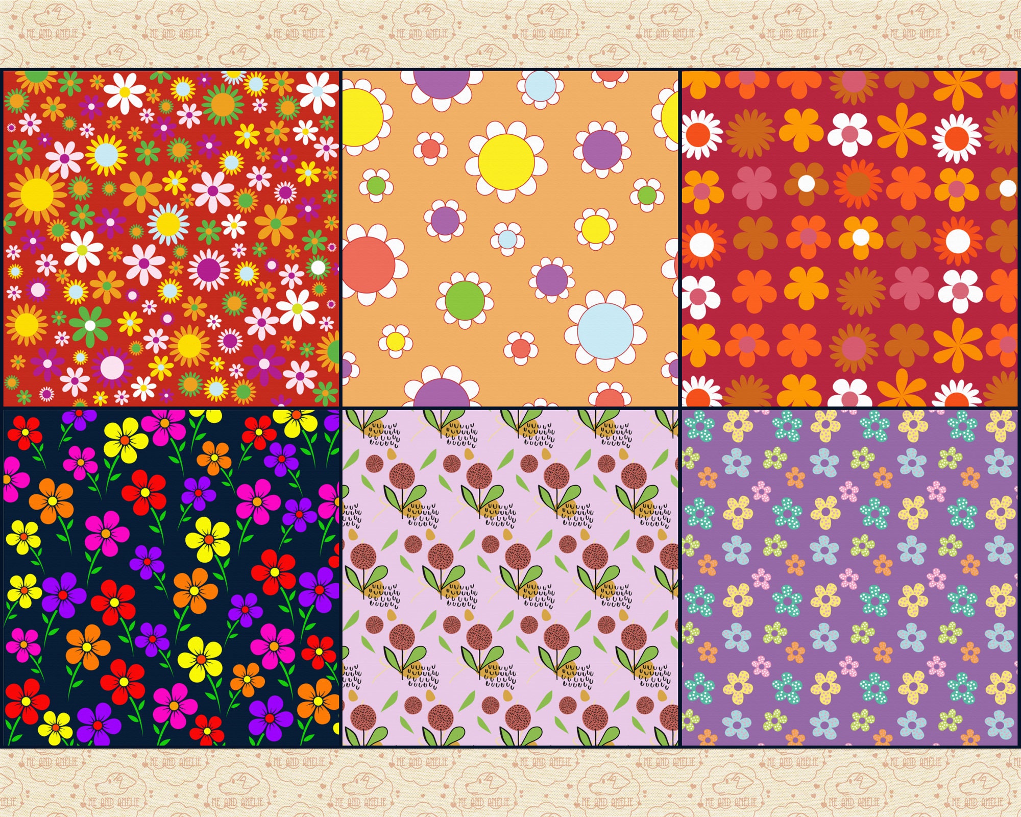 Retro Floral Digital Paper Pack, 1960s Hippie Patterns (digital ...