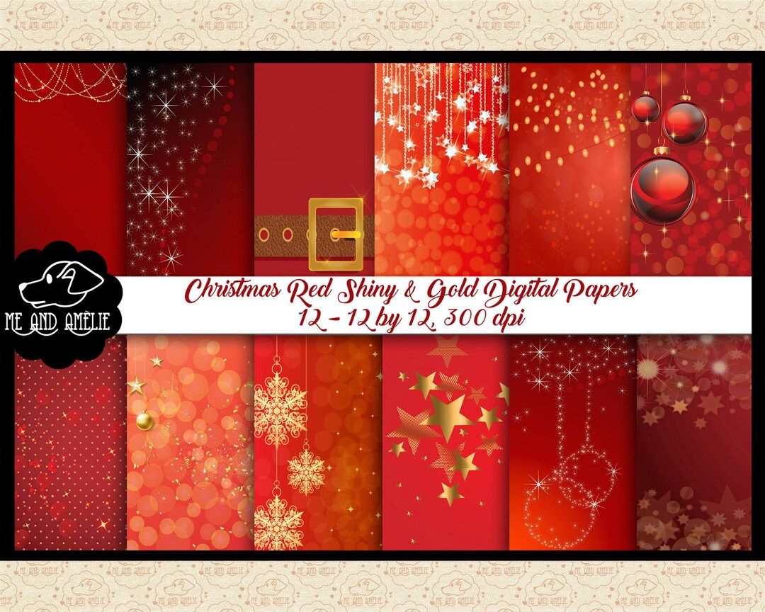 Christmas Red Shiny and Gold Digital Papers, Christmas Paper, Red/gold ...