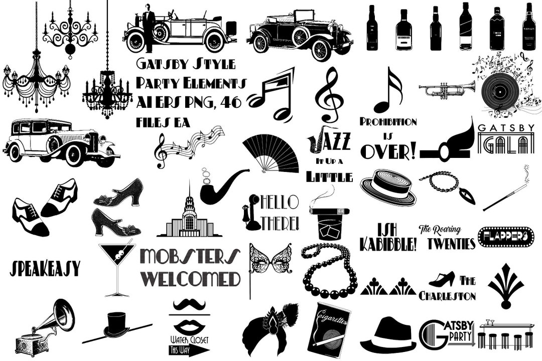 Gatsby Style Party Elements AI EPS Vector and Png, Roaring 20s, Gatsby ...