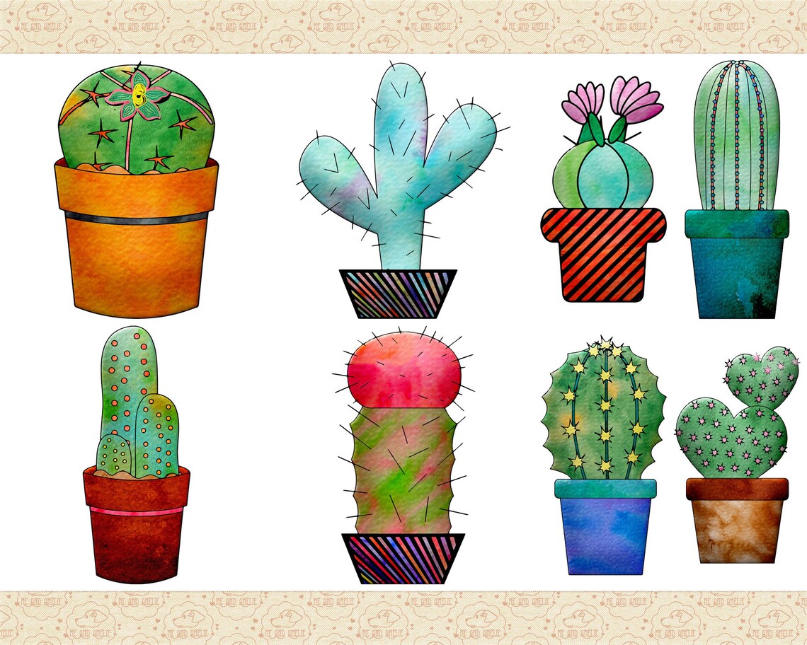 SALE 1.99, Watercolor Cactus Clipart, Colorful Cacti, Cactus in Pots ...