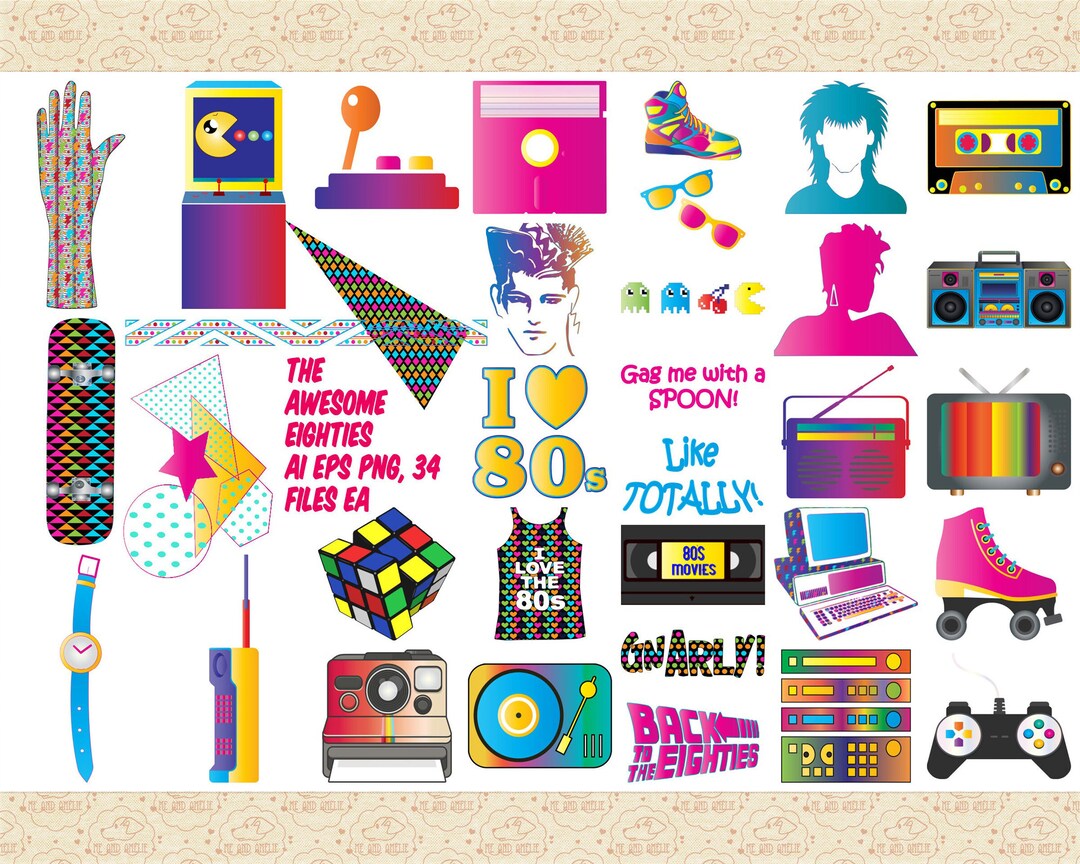 The Eighties AI EPS (not Svg) & PNG Files, 1980s Clip Art, Retro Neon ...