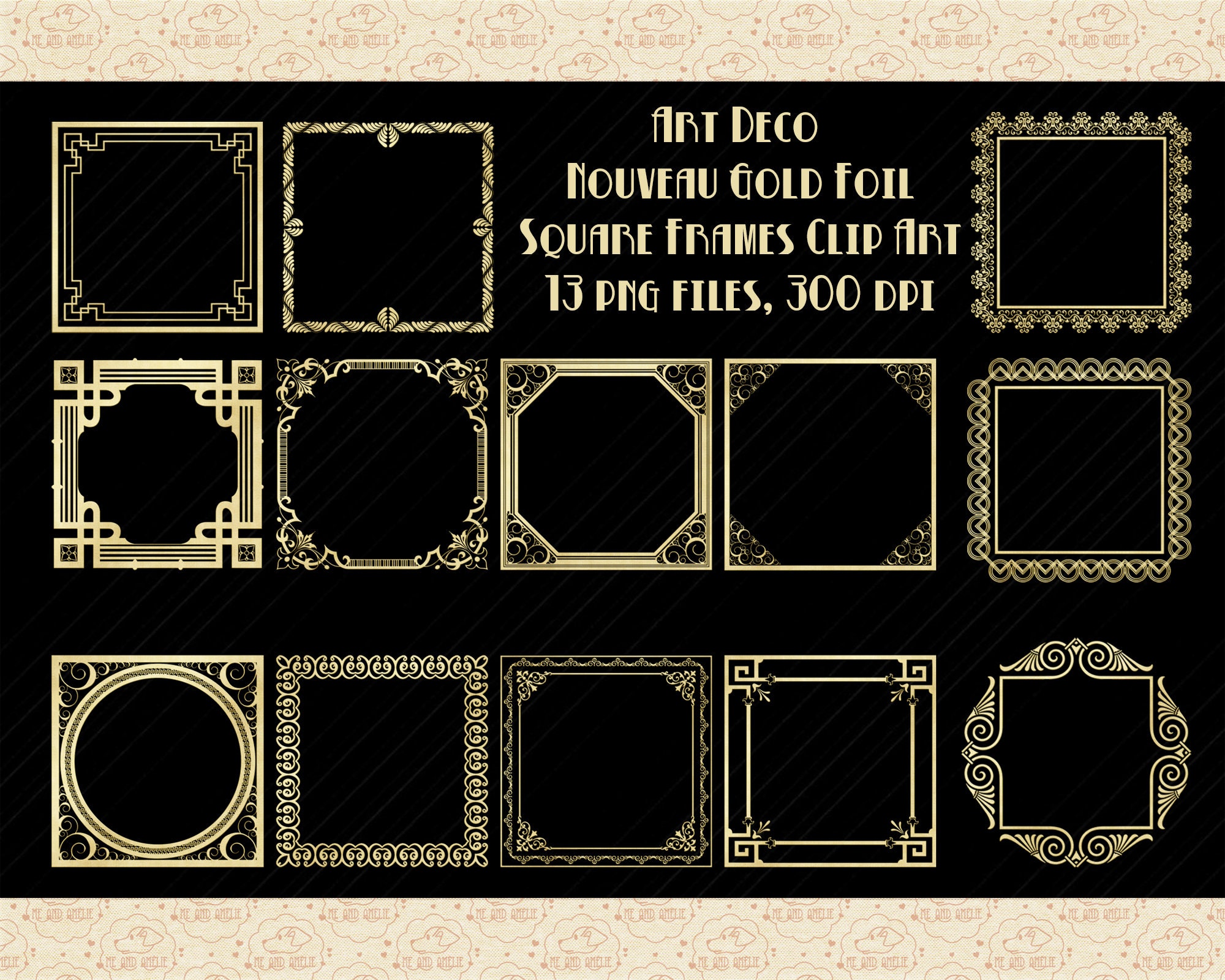 Gold Foil Gatsby Style Art Deco/nouveau Frames Square Clip - Etsy