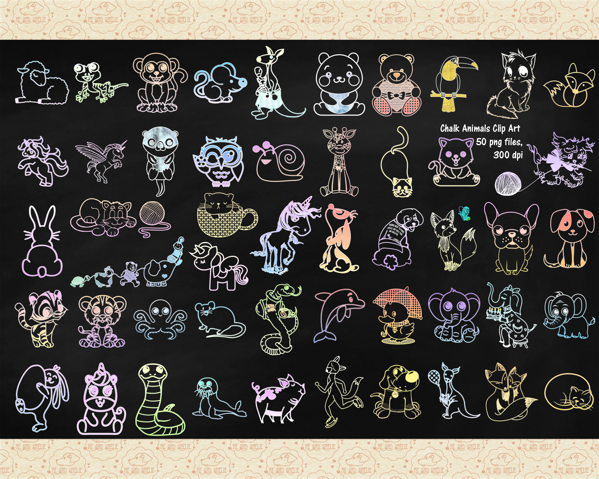Chalkboard Animals Clip Art, 50 PNG Nursery Designs (digital Download ...