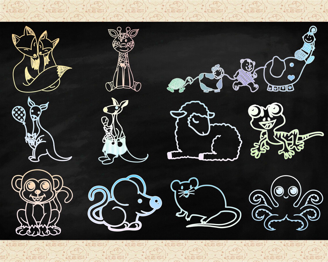 Chalkboard Animals Clip Art, 50 PNG Nursery Designs (digital Download ...