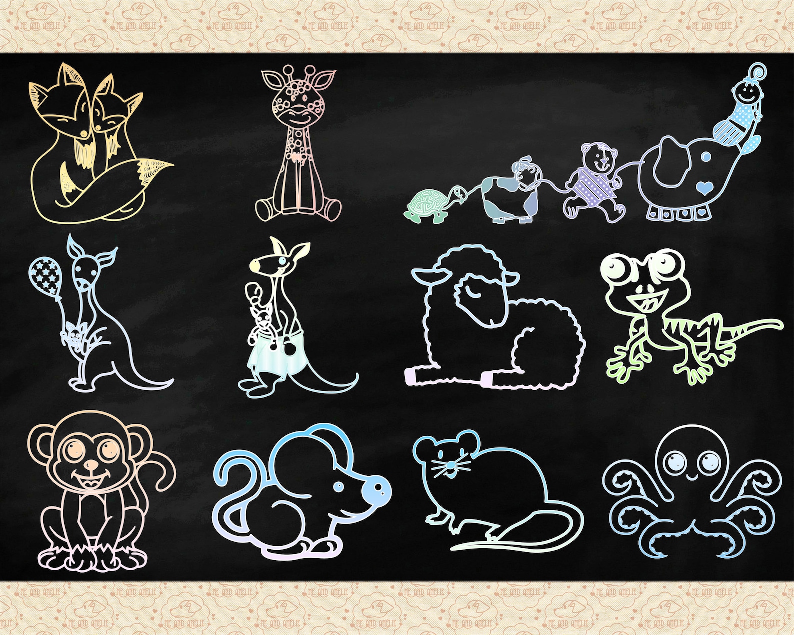 Chalkboard Animals Clip Art, 50 PNG Nursery Designs (digital Download ...